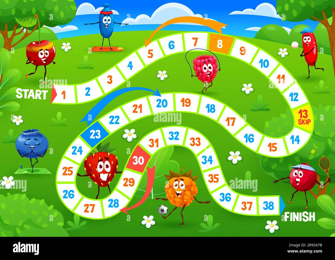 Kids board game cartoon cheerful berry characters on summer meadow ...