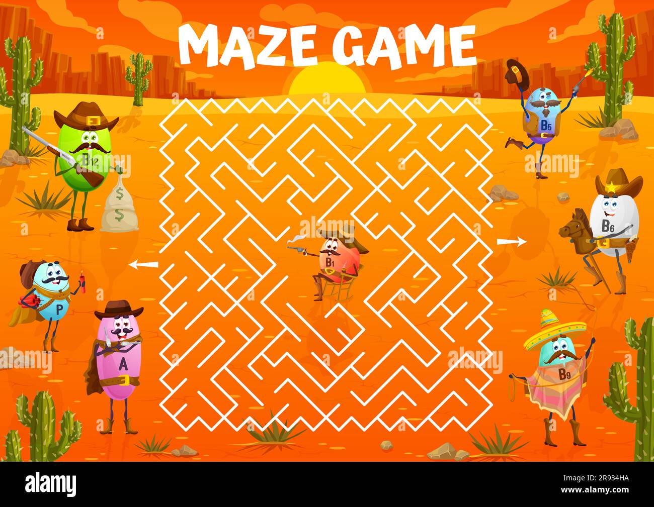 Western labyrinth maze with cartoon vitamin cowboy, sheriff, ranger and ...