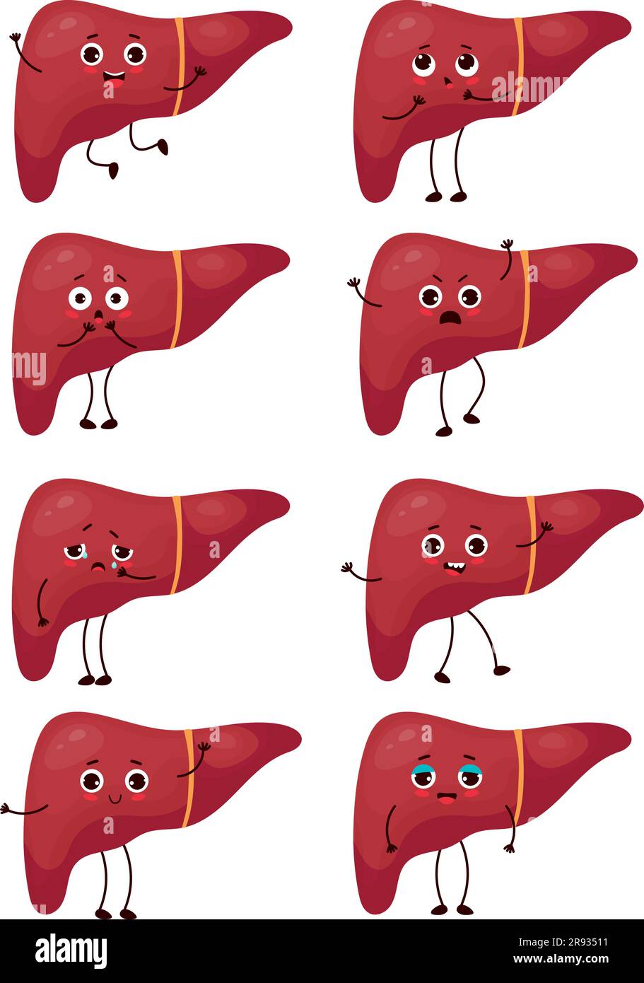Collection cartoon liver. Human organ character with different emotions ...
