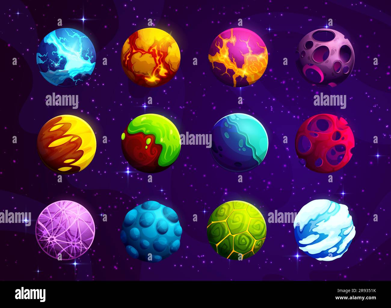 Cartoon alien fantasy space planets. Vector colorful fantastic galaxy ...