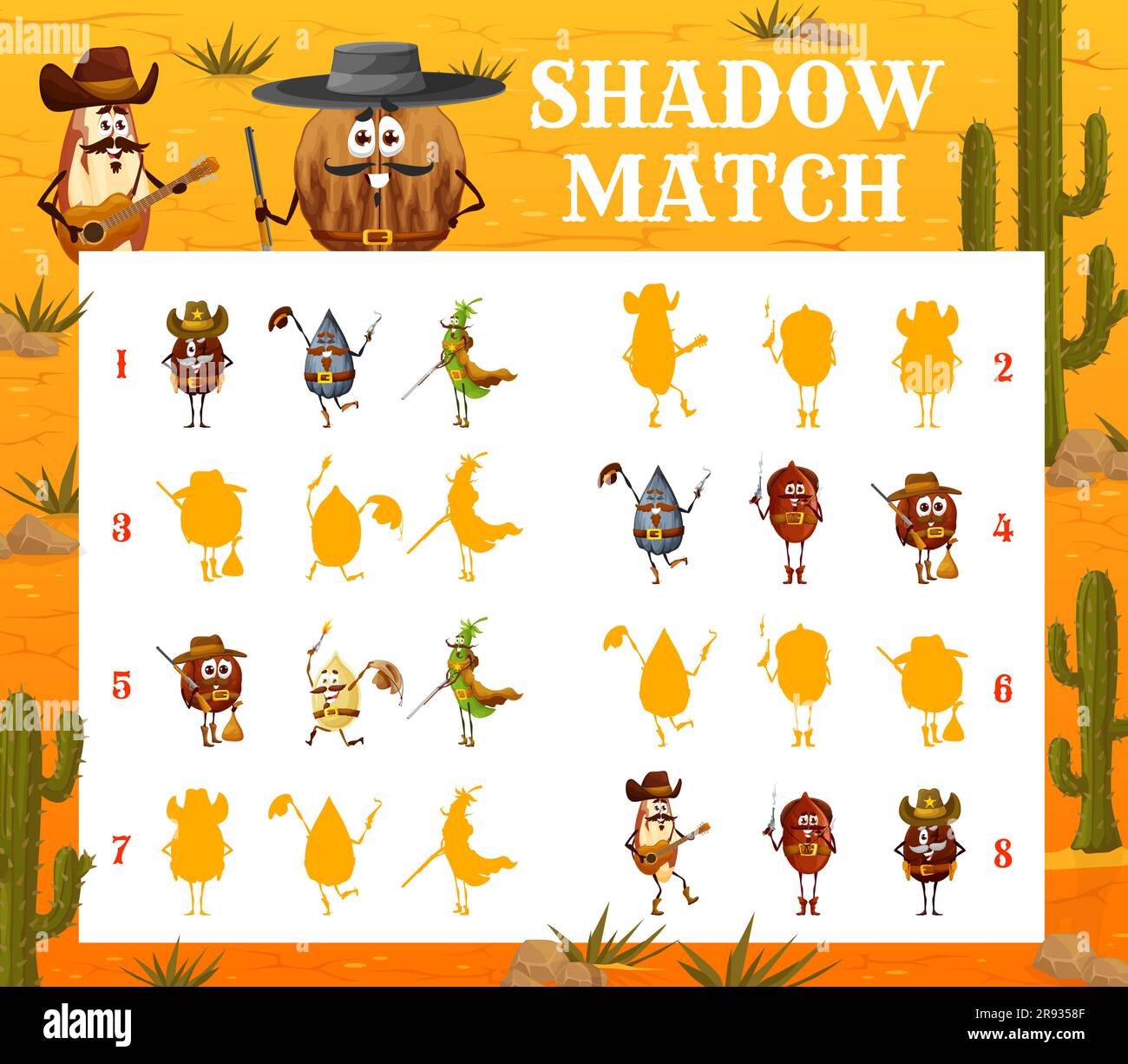 Shadow matching game. Wild west cartoon nut cowboy, bandit and ranger ...