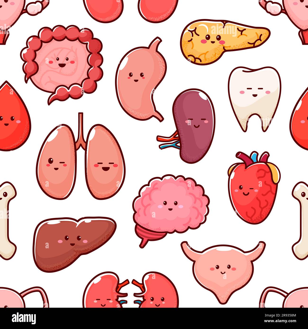 Cartoon body organ characters seamless pattern, vector background ...