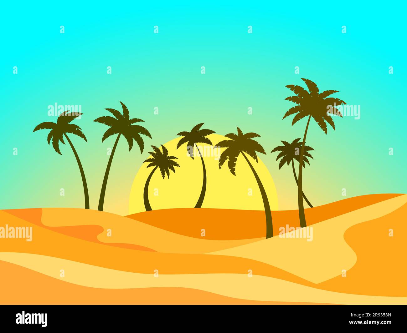 Desert landscape with palm trees and sand dunes. Sunrise in the desert ...