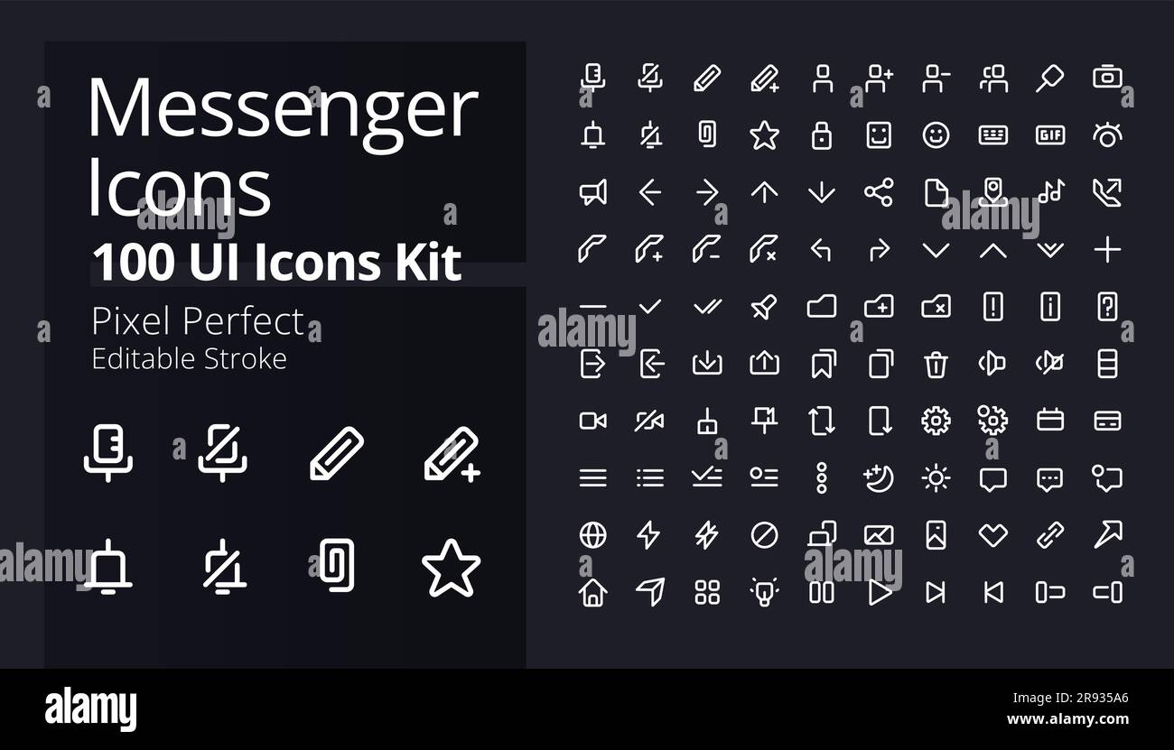Messenger application pixel perfect white linear ui icons kit for dark theme Stock Vector Image ...