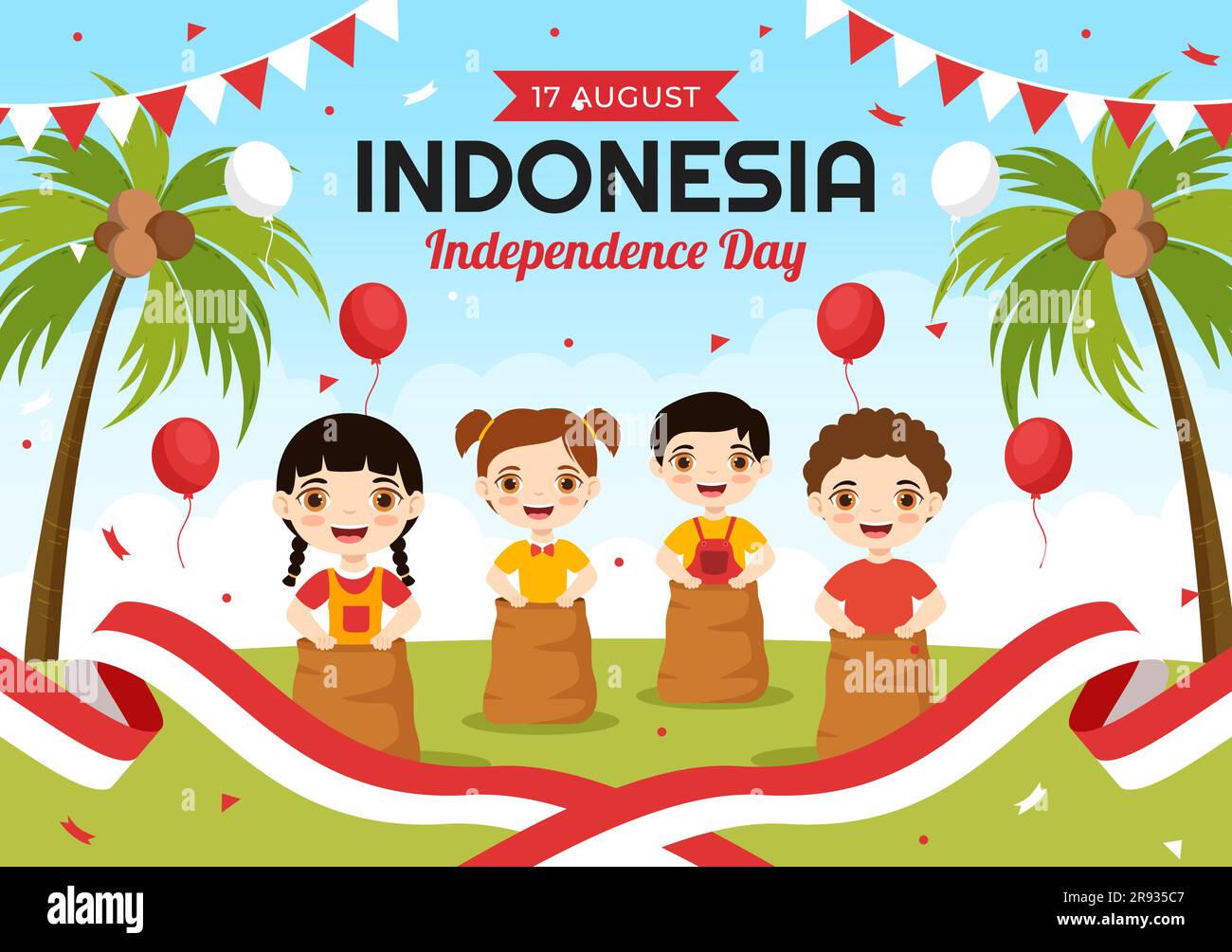 Indonesian Independence Day Vector Illustration On 17th August with Kids Doing Traditional ...