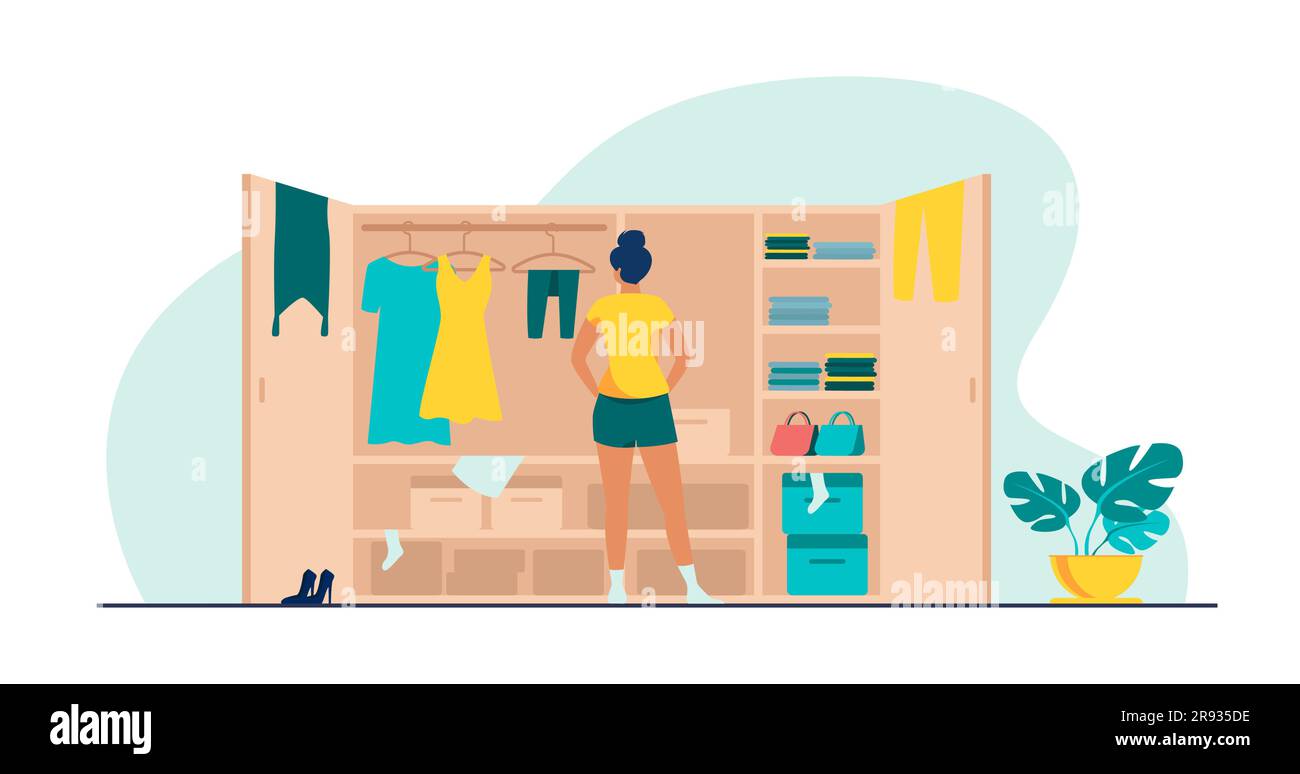 Woman choosing dress from wardrobe flat vector illustration Stock ...
