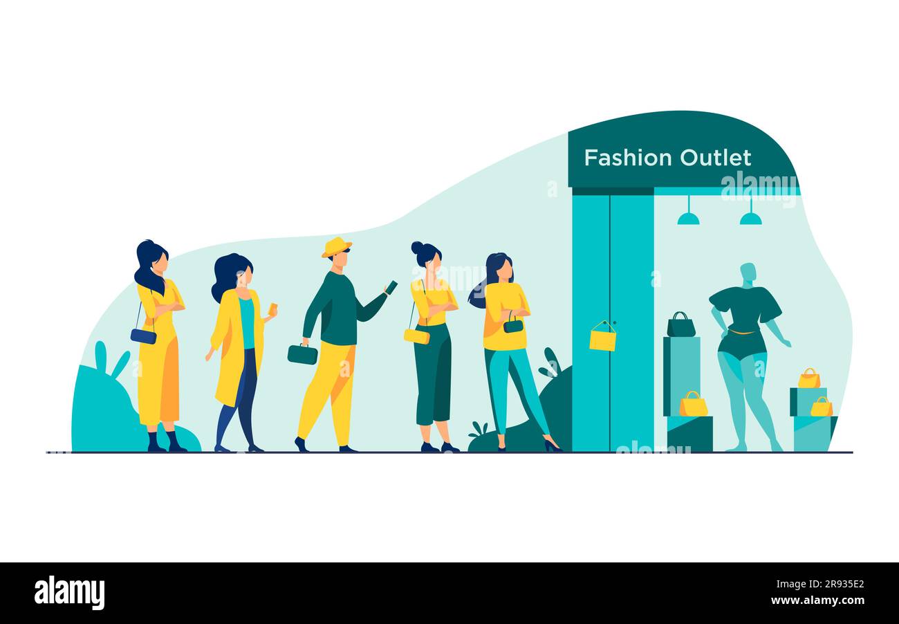 Queue of customers standing for sale at boutique window Stock Vector ...