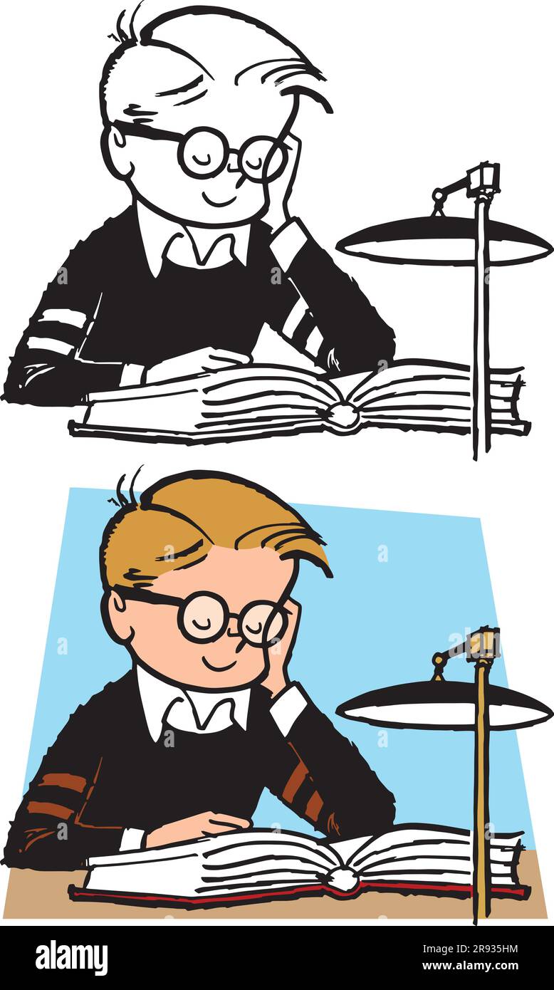 A vintage retro cartoon of a young boy reading a book under a desk lamp ...