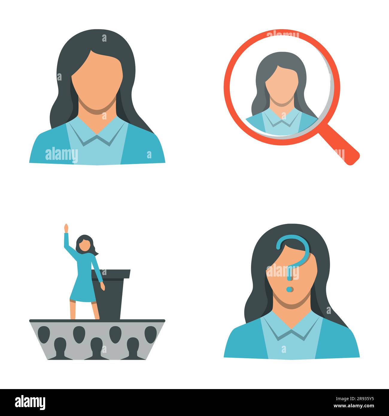 Female political candidates flat icon set. Woman public speaker ...