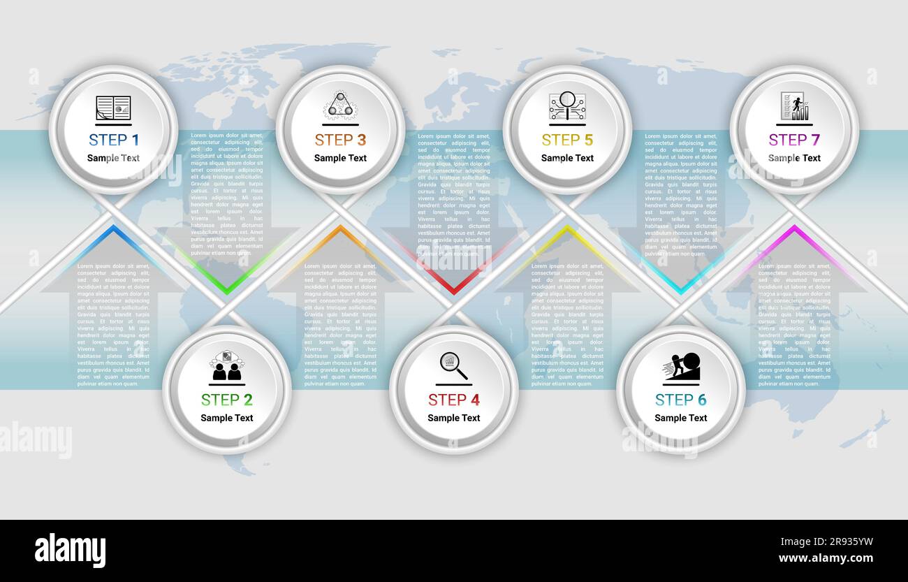 7 step circle infographic is linked by a zigzag tube and a 7 different ...