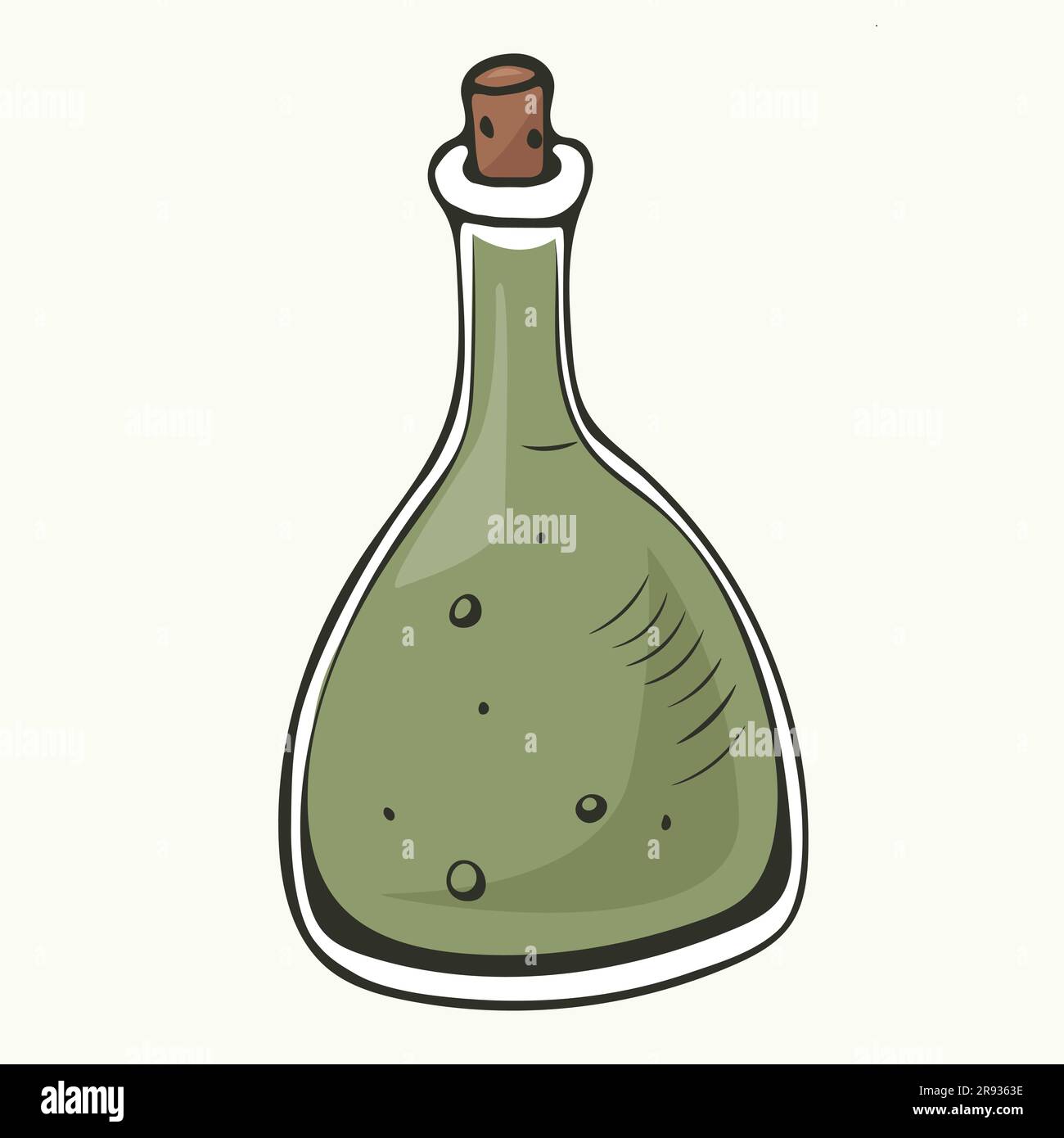 Vector illustration of Hand drawn Small glass bottle with green potion ...