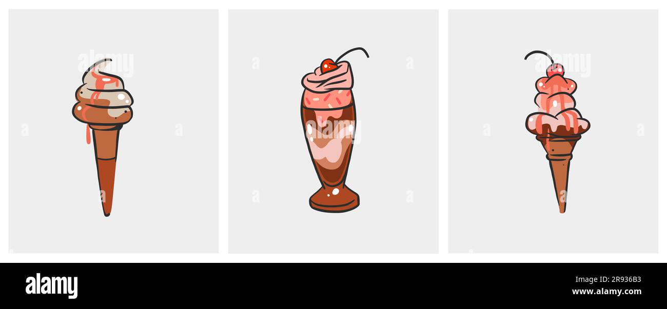 Hand drawn vector abstract cartoon ice creram cone ,sundae line art ...