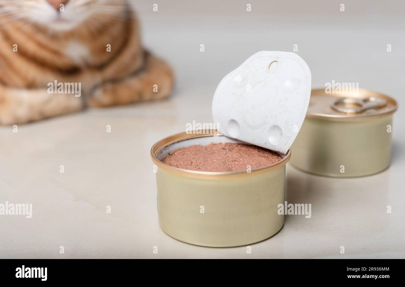 Several tins of wet cat food, one of which is open and contains pate ...