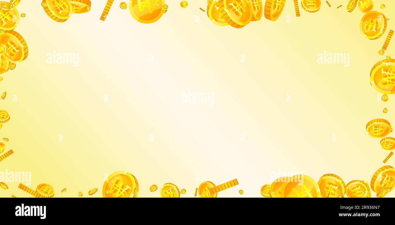 Korean won coins falling. Scattered gold WON coins. Korea money ...