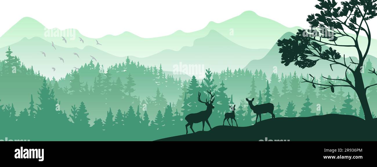 Horizontal banner. Silhouette of deer, doe, fawn standing on hill ...