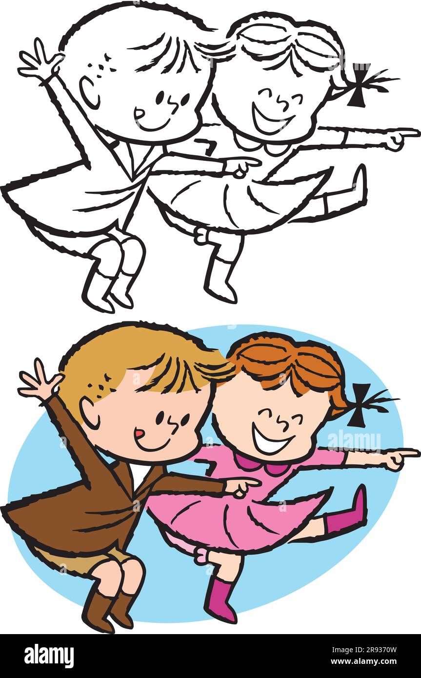 A vintage retro cartoon of a pair of young children jumping and playing ...