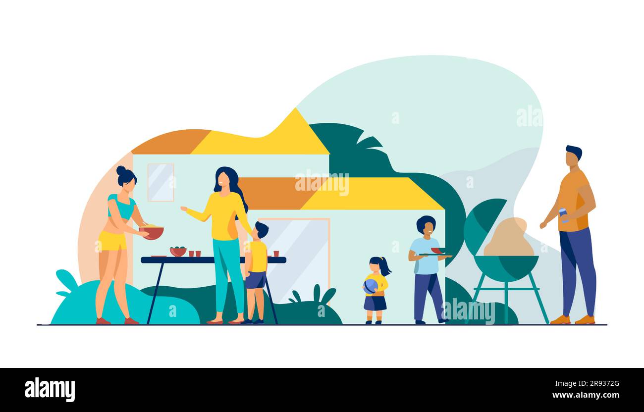 Family on BBQ party on backyard flat vector illustration Stock Vector ...