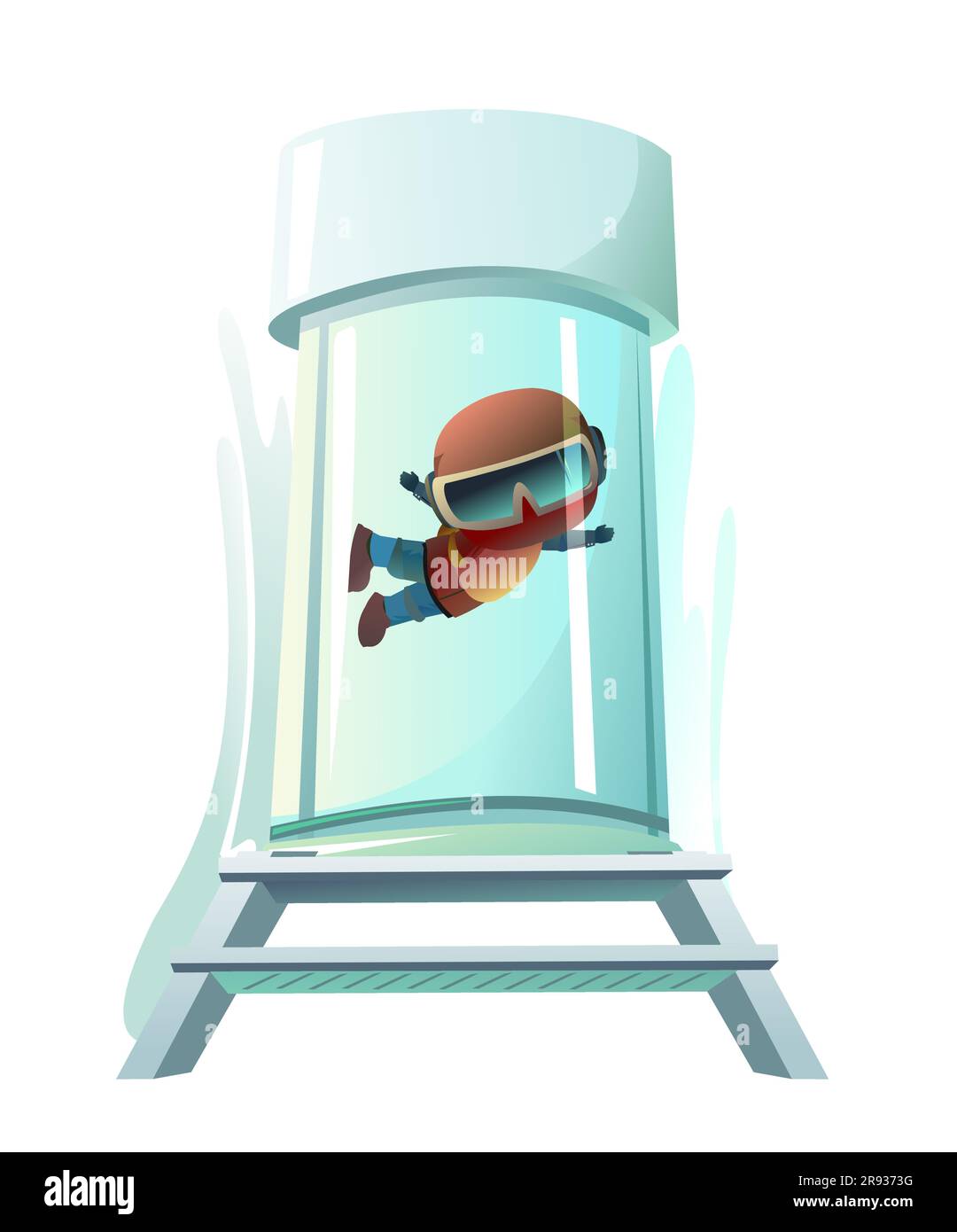 Character flying. Wind tunnel for flying in zero gravity. Cartoon style ...