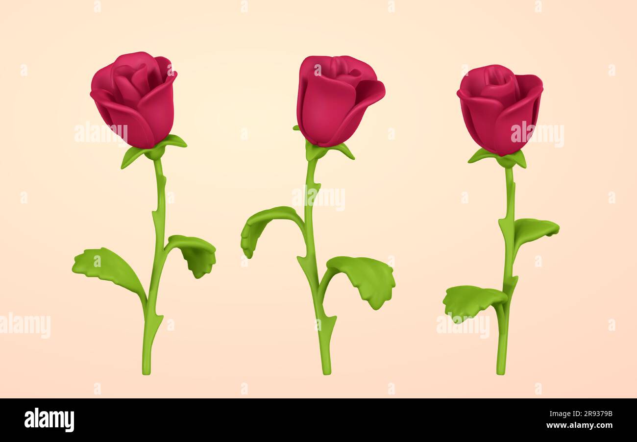 3D flower. Cute red rose in cartoon style for bouquet or decoration ...