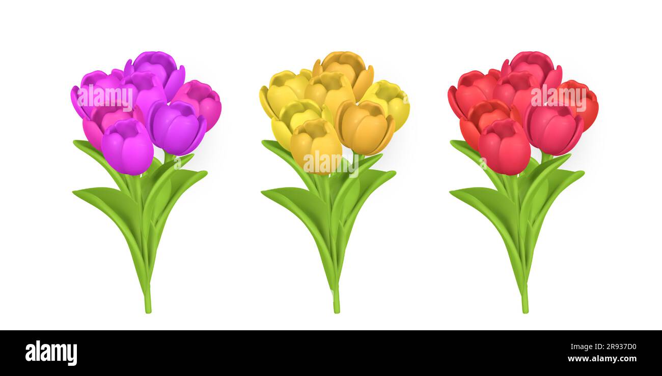 3D Cute spring bunch of tulips in cartoon style. Vector illustration ...