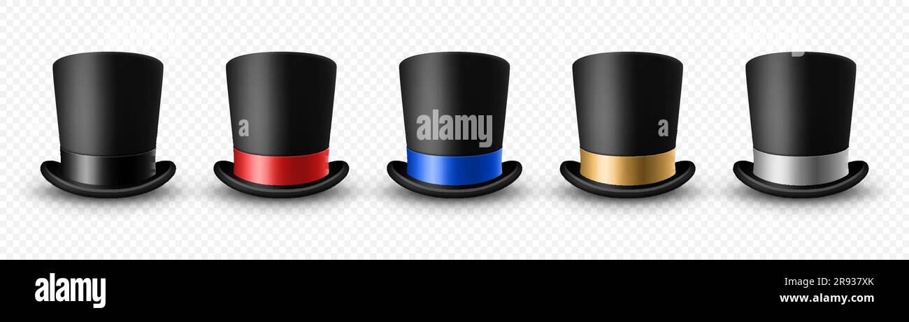 Vector 3d Realistic Black Top Hat Icon Set with Different Color Ribbon ...