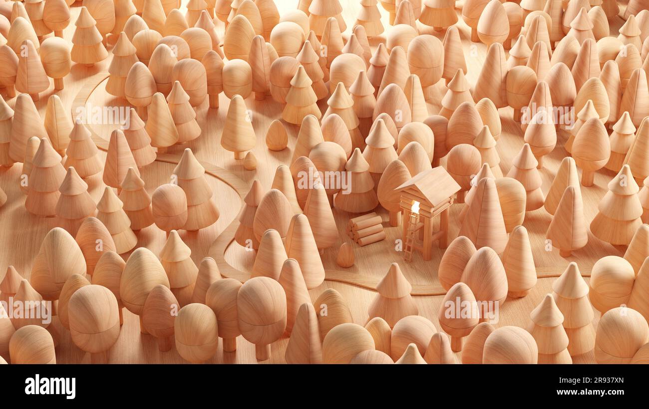 Wooden miniature watchtower in the forest. Wooden toy trees with cozy ...