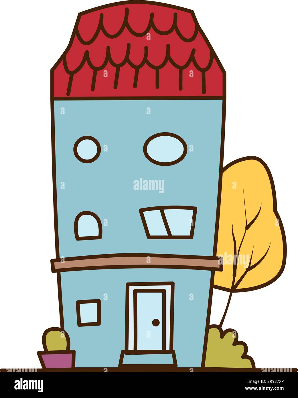 Cute cartoon blue house, vector illustration. house with five windows ...