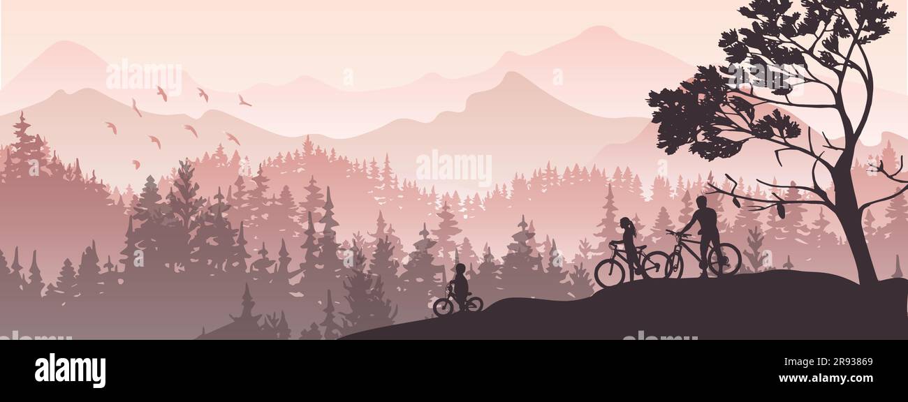 Active family cycling. Forest and mountains in background. Mother ... Active family cycling. Forest and mountains in background. Mother ...