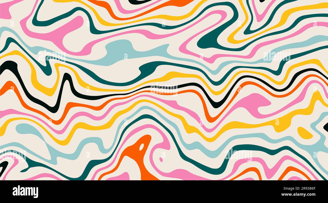 Abstract psychedelic groovy background. Colorful ripple waves on beige horizontal backdrop ...