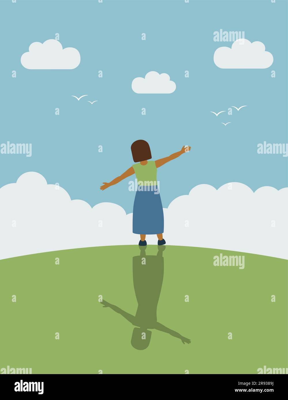 little girl dream about flying with birds in the sky Stock Vector Image ...