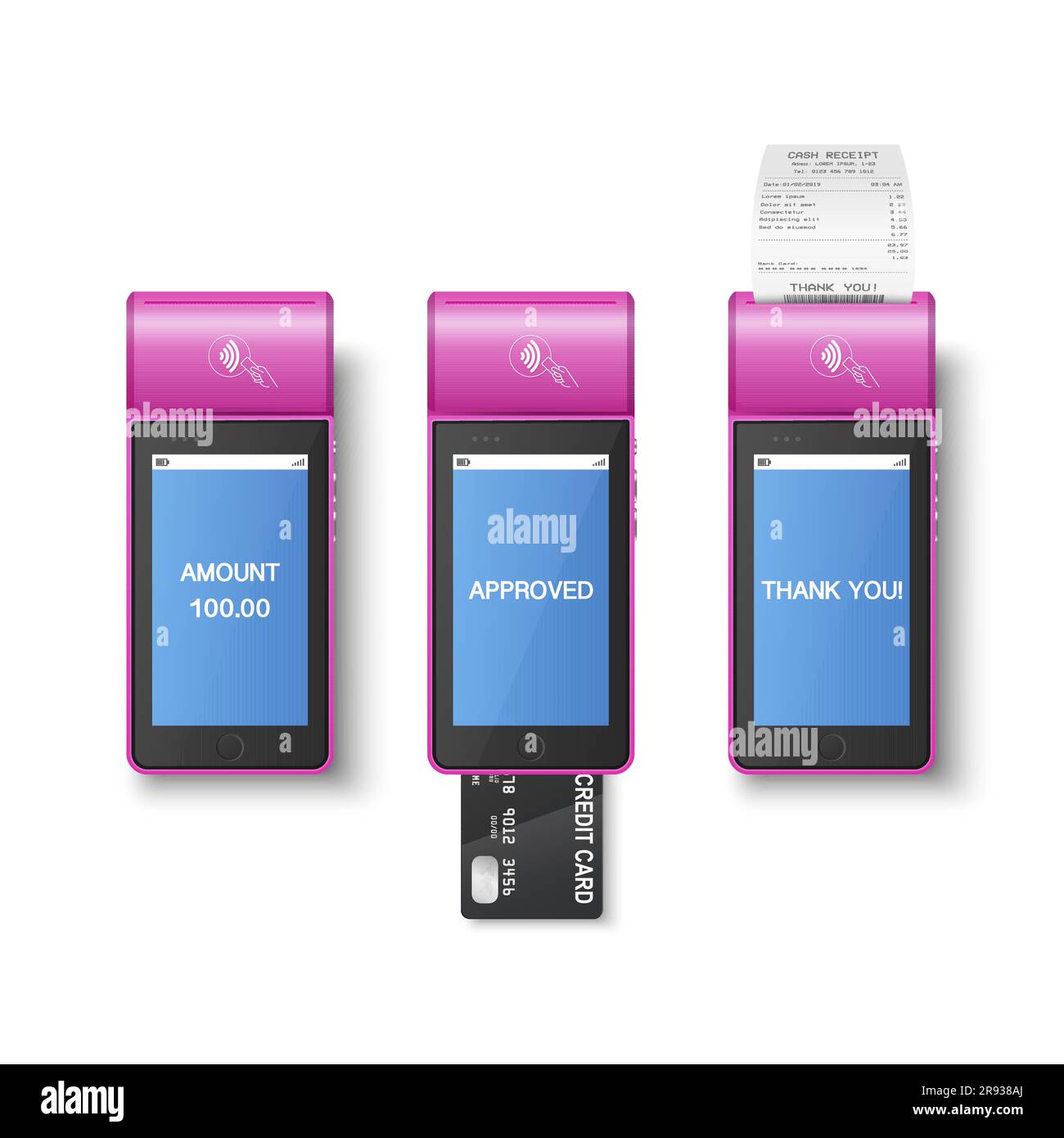 Vector 3d Pink NFC Payment Machine with Approved Status and Paper Receipt, Bill, Credit Card ...