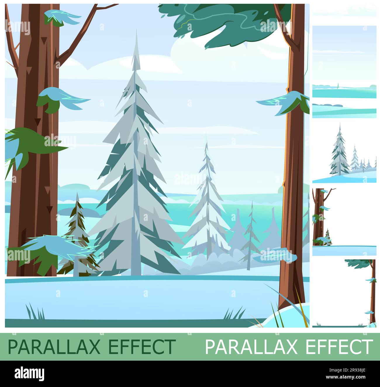 Winter landscape in pine forest. View of snowy fields. set of slides ...