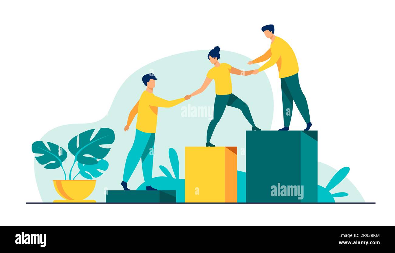 Employees giving hands and helping colleagues to walk upstairs Stock ...