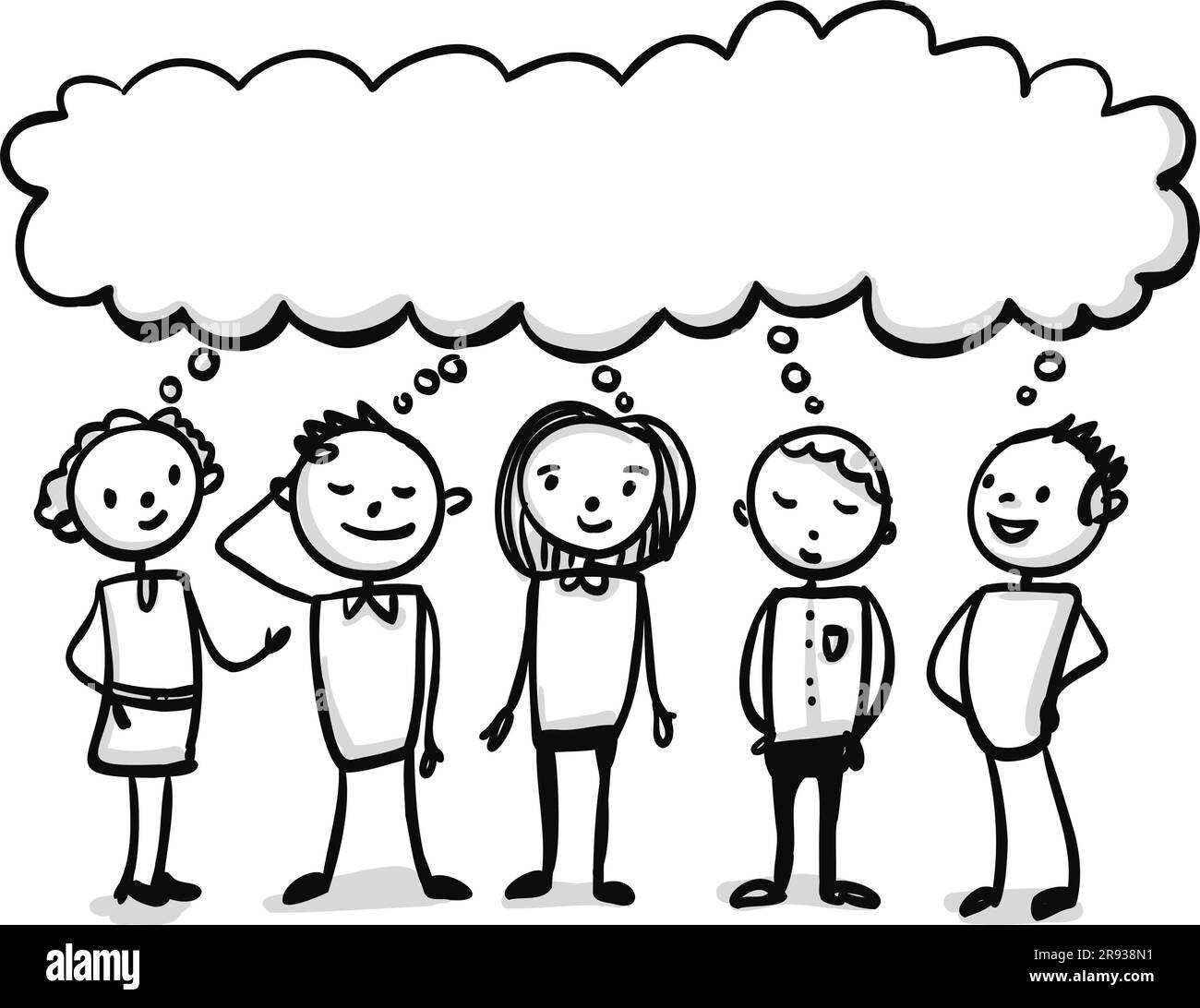 Team of men and women having ideas together in a big cloudy thought ...