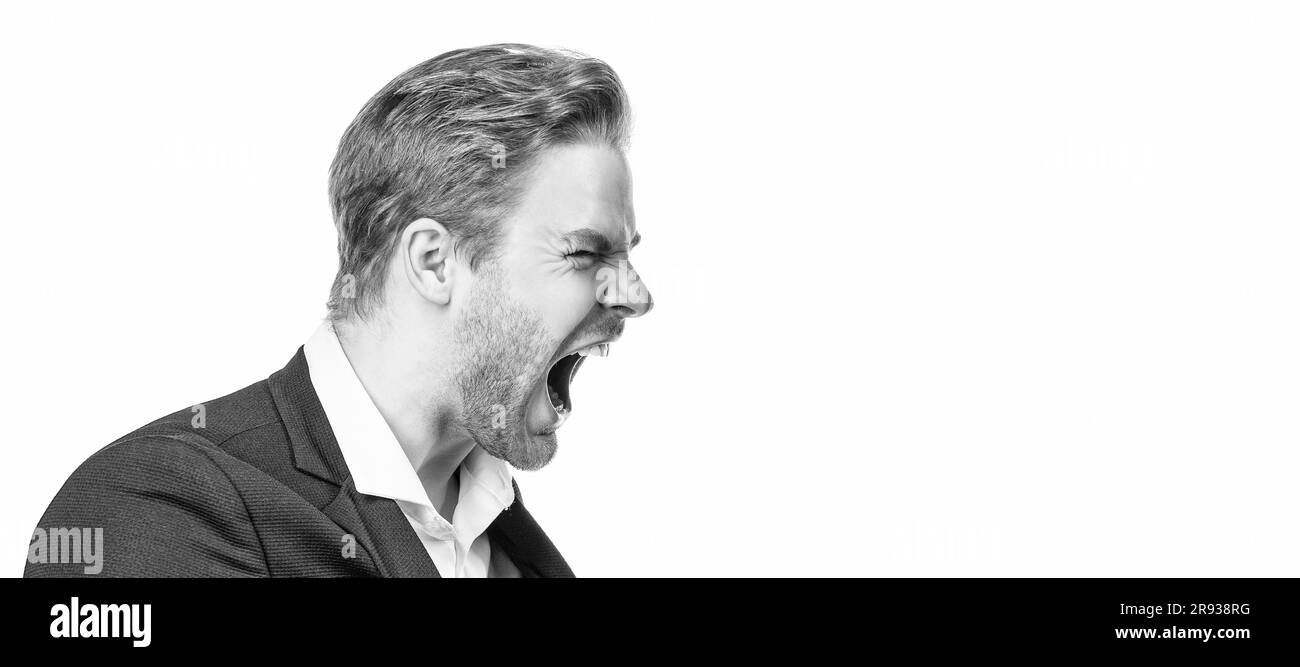 Roar of anger. Businessman scream in anger. Angry manager. Man face ...