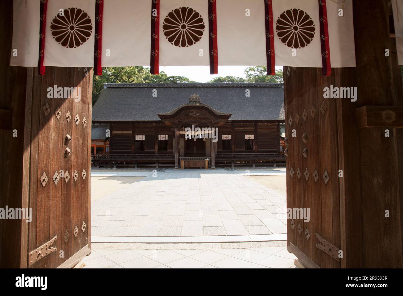 Shrine gate and hall of worship of Oyamazumijinja Shrine Stock Photo ...