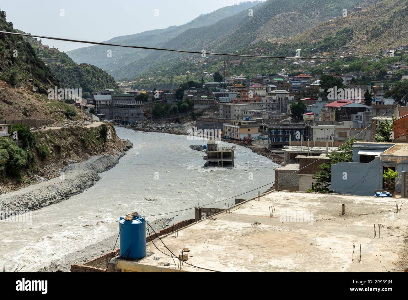 Abandoned building damaged by flood in the river swat at Bahrain valley ...