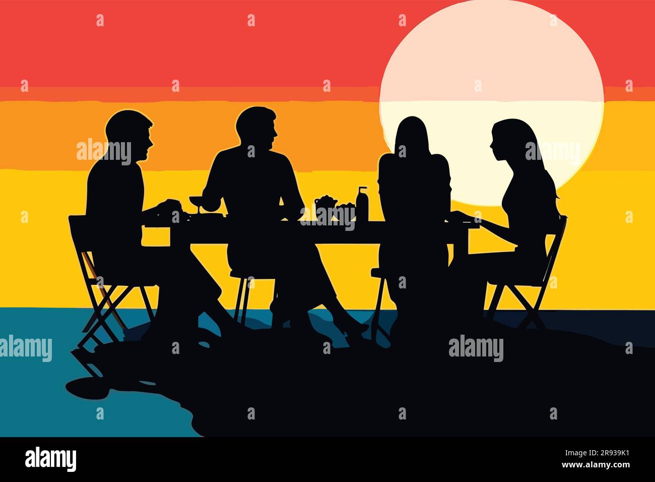 group of people dining together in the park pop art vector illustration ...