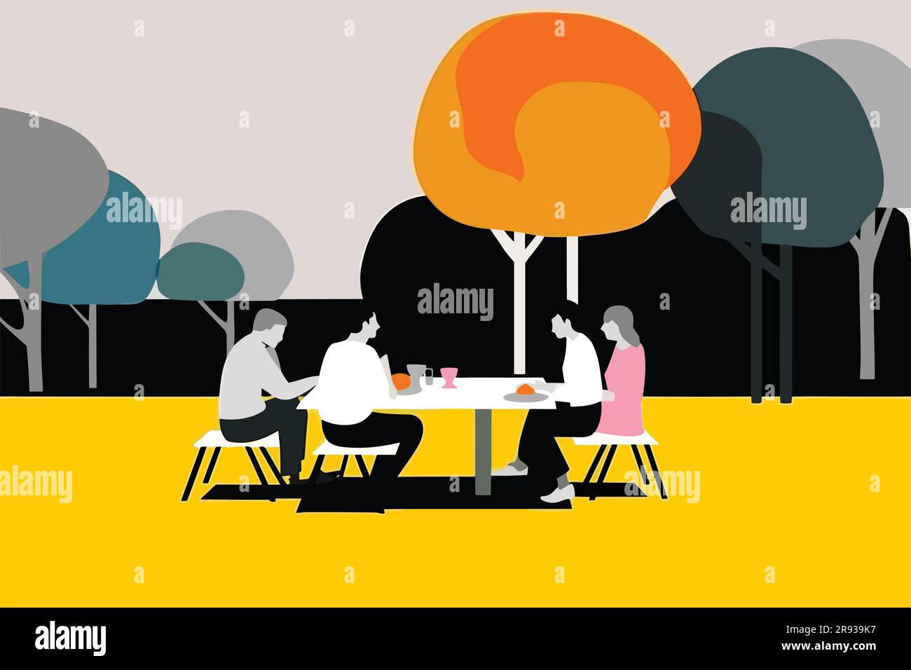 group of people dining together in the park pop art vector illustration ...
