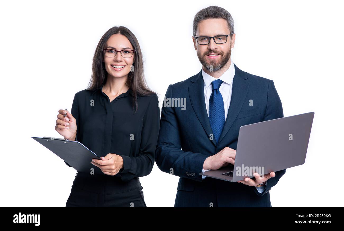 happy business secretary and manager isolated on white background ...