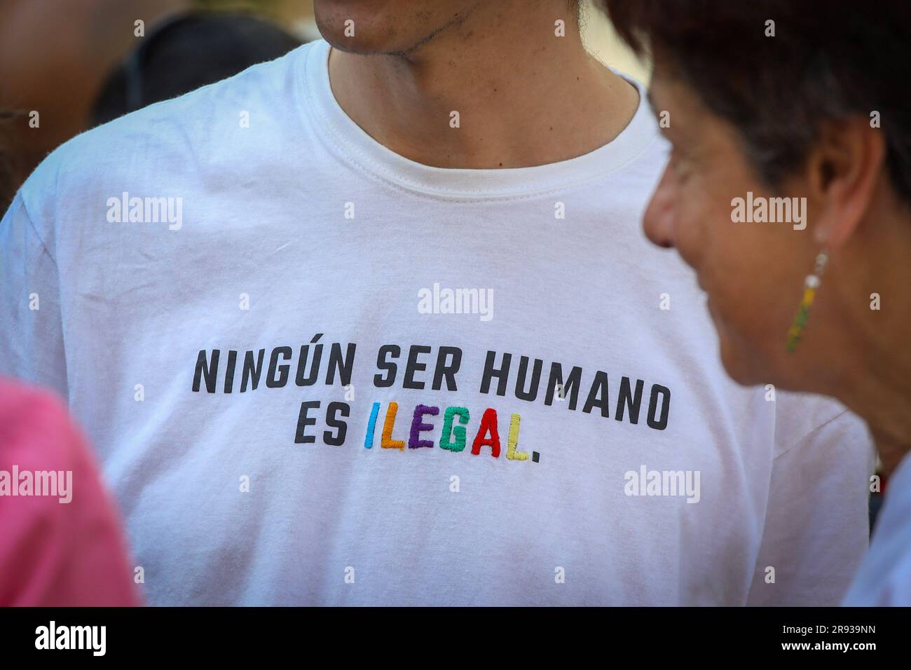 Madrid, Spain. 23rd June, 2023. A protester wears a T-shirt with the ...