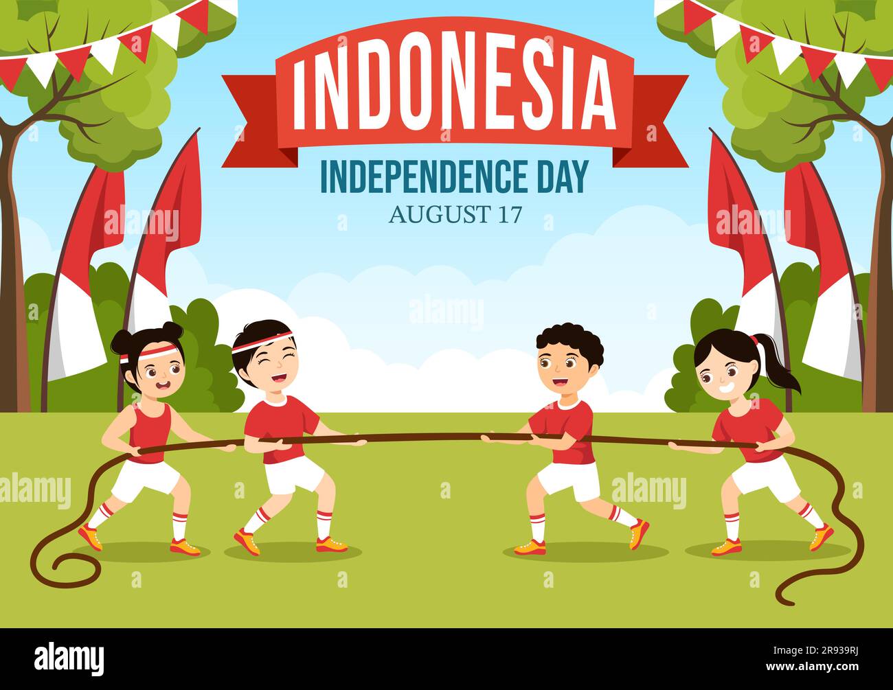 Indonesian Independence Day Vector Illustration On 17th August with Kids Doing Traditional ...