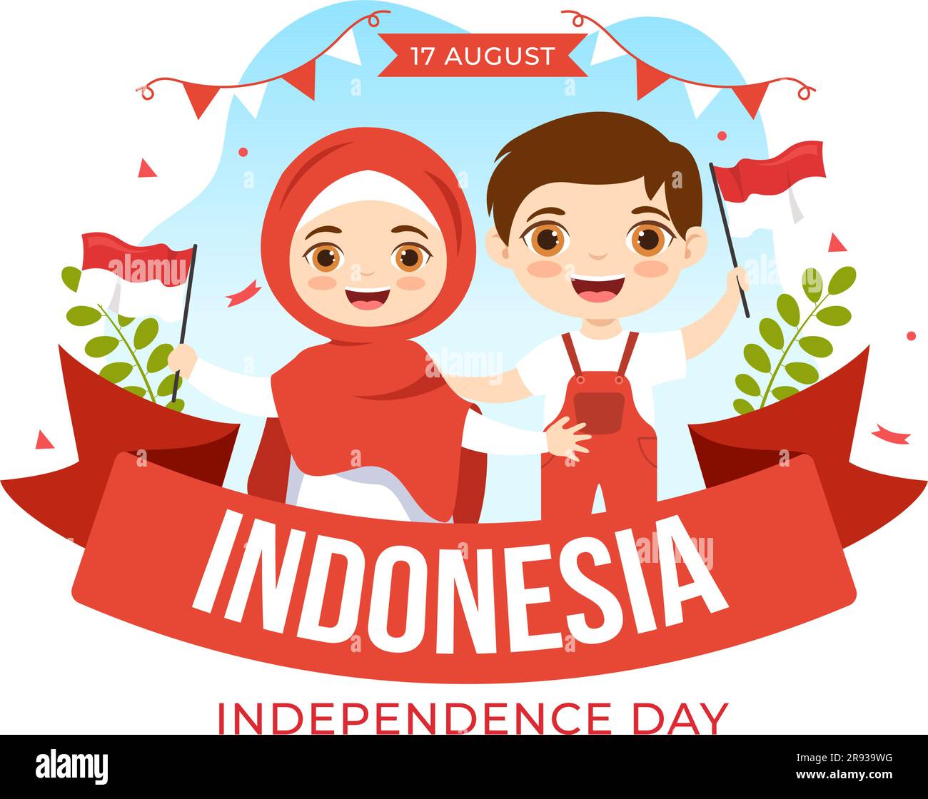 Indonesian Independence Day Vector Illustration On 17th August with Kids Doing Traditional ...