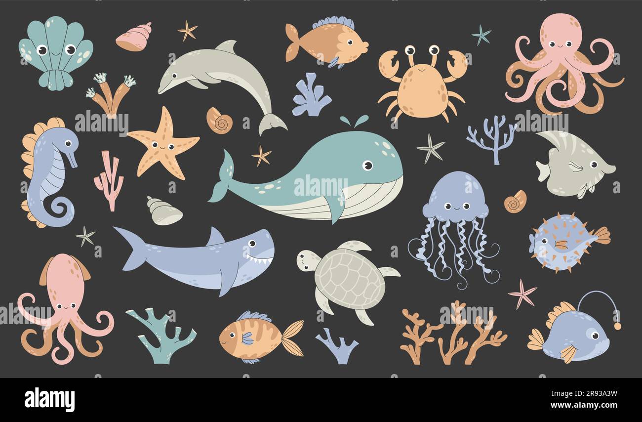 Set with hand drawn sea life elements Stock Vector Image & Art - Alamy