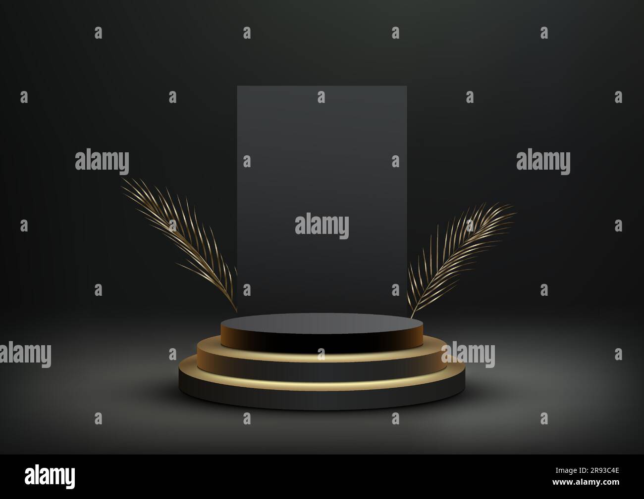 3D realistic empty gold and black cylinder podium stand with rectangle ...