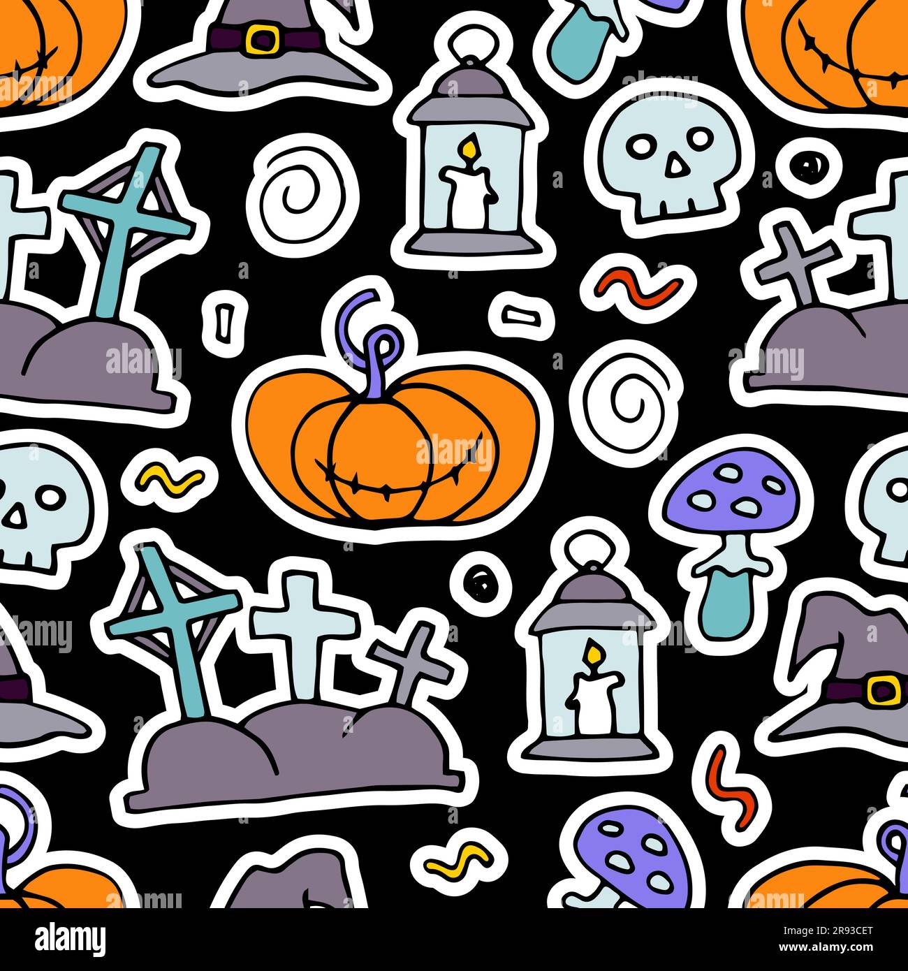 Doodle Halloween seamless pattern. Hand-drawn autumn pumpkin, grave ...
