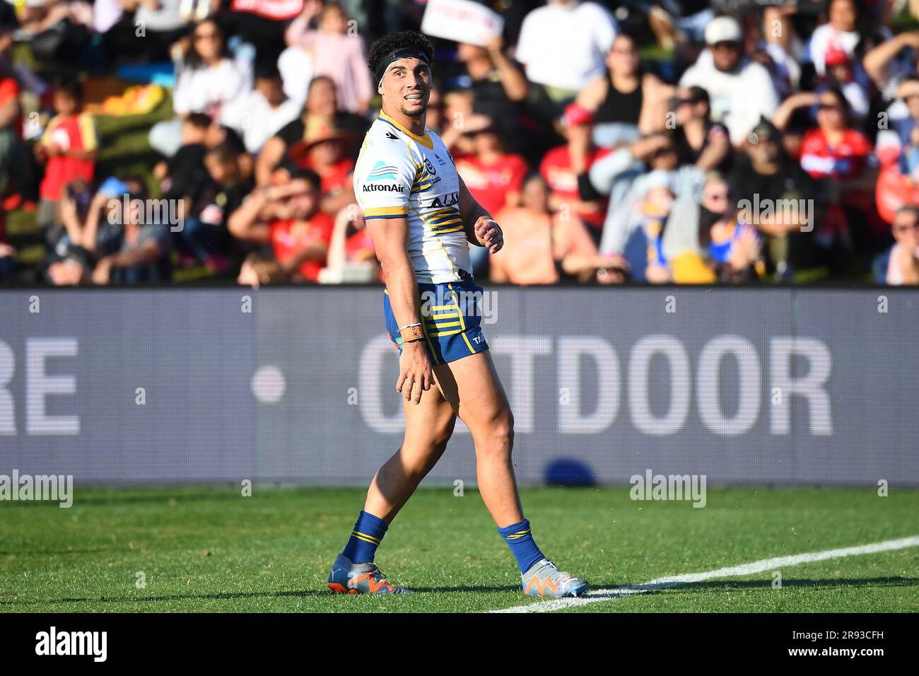 Sunshine Coast, Australia. 24th June, 2023. Bailey Simonsson of the Eels scores a try during the ...