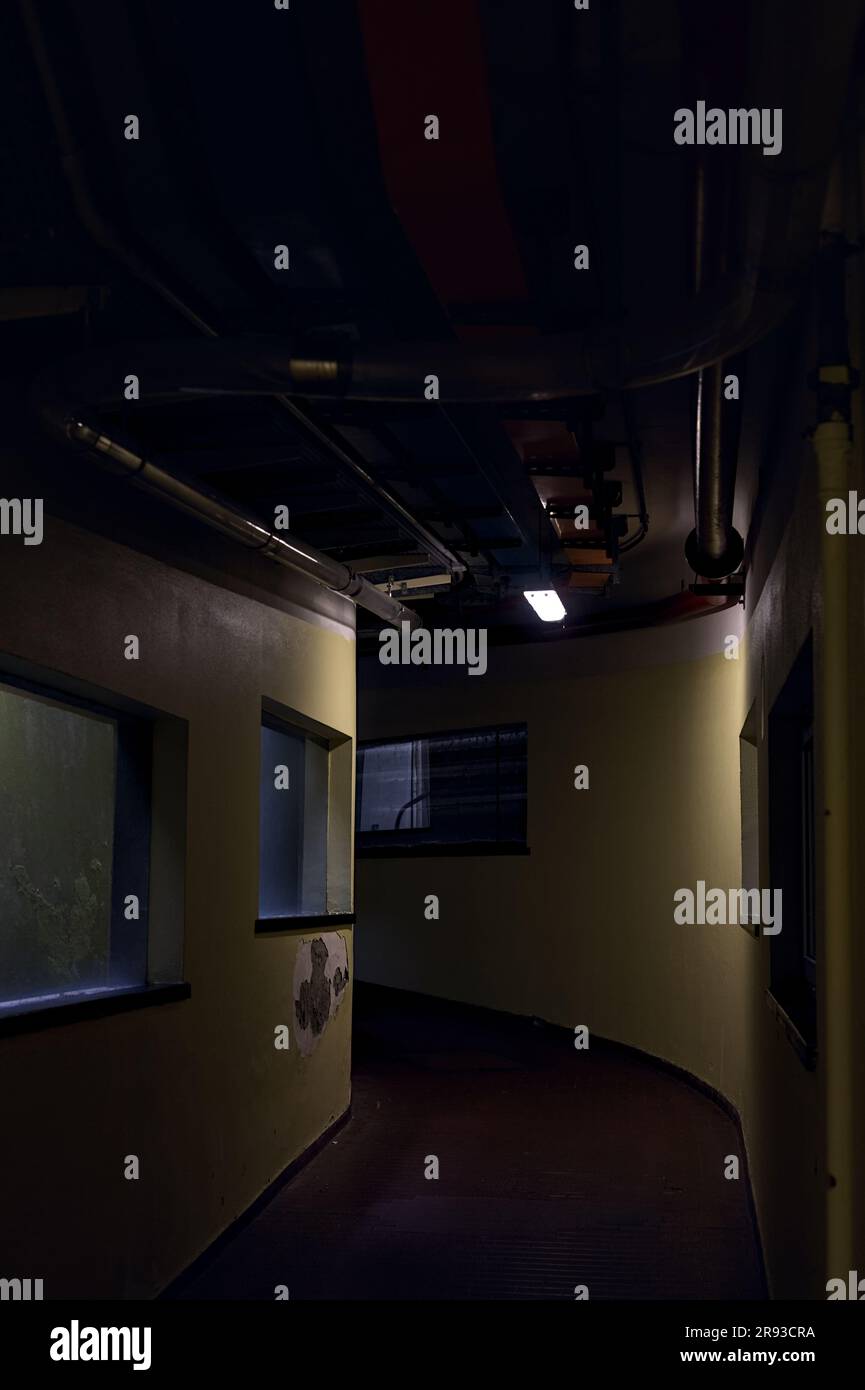 Dark and narrow corridor with neon lights Stock Photo - Alamy