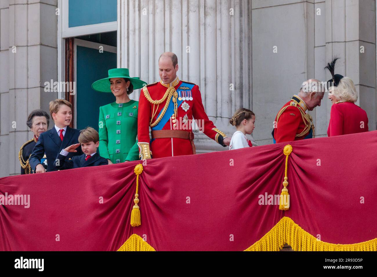 The British Royal Family on the Buckingham Palace balcony to watch the Trooping the Colour fly ...