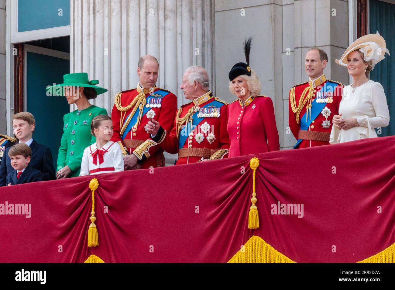The British Royal Family on the Buckingham Palace balcony to watch the Trooping the Colour fly ...